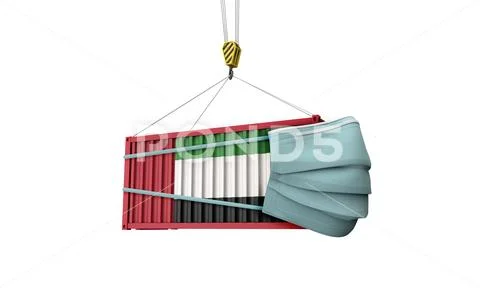 UAE flag cargo shipping container with protective mask. 3D Render ...