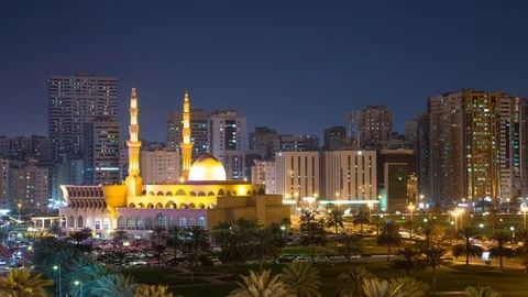 UAE - Mosque at Night with Skyline - 4K ... | Stock Video | Pond5