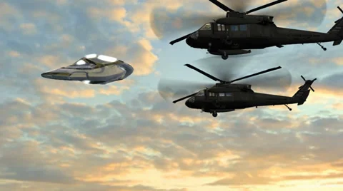 UFO escorted by Black Hawk helicopters | Stock Video | Pond5