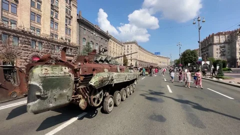 Ukraine lines up Russian war trophy tank... | Stock Video | Pond5