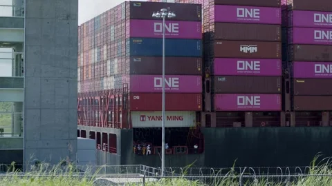 Ultra large container vessel docking the... | Stock Video | Pond5