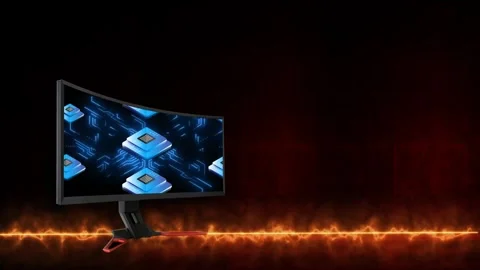 ultra wide curved monitor with fire ligh... | Stock Video | Pond5