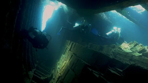 Underwater View Scuba Divers Inside A Sh... | Stock Video | Pond5