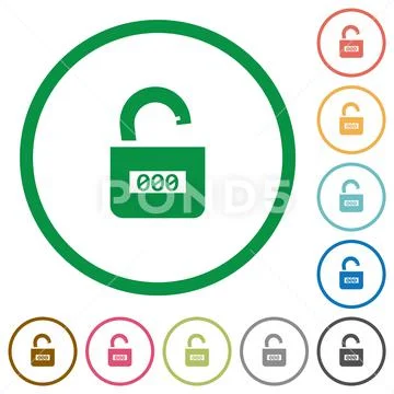 Unlocked combination lock with center numbers flat icons with outlines ...