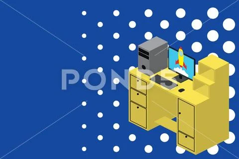 Upper view wooden working desktop station five drawers personal ...