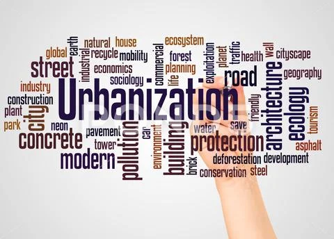 Urbanization word cloud and hand with marker concept ~ Hi Res #131020723