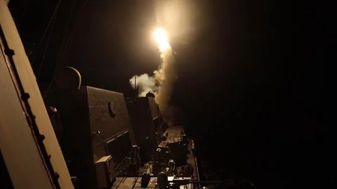 U.S. Navy warship night time launch of T... | Stock Video | Pond5