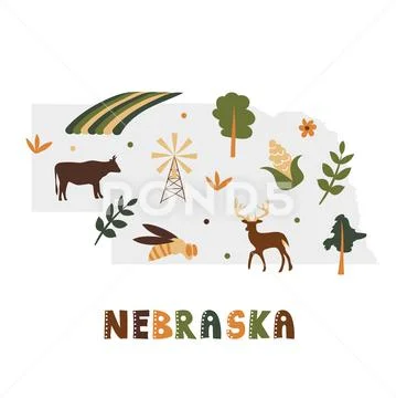 USA map collection. State symbols on gray state silhouette - Nebraska ...