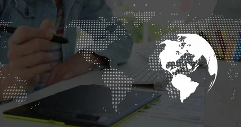 Using tablet with world map animation ov... | Stock Video | Pond5