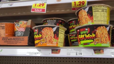 Various Hot and Spicy Firewok Ramen Groc... | Stock Video | Pond5