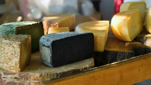 Various types of cheese. Cheese fair. Bl... | Stock Video | Pond5