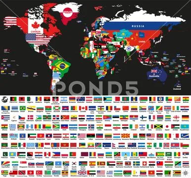 Vector abstract world political map mixed with national flags ...