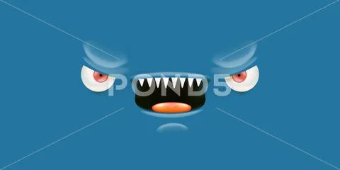 Vector angry blue monster face with open mouth with fangs and evil eyes ...