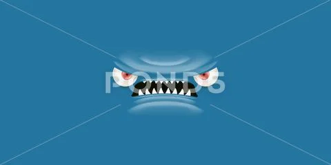 Vector angry blue monster face with open mouth with fangs and evil eyes ...
