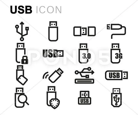Vector black line usb icons set Stock Illustration #69046164