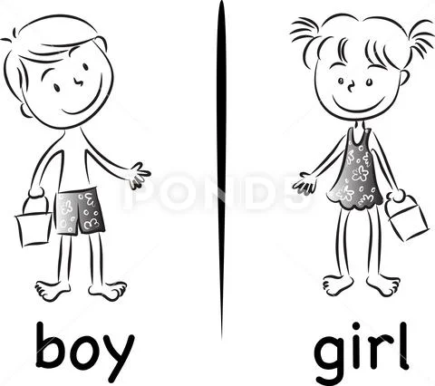 Vector cartoon black and white boy and girl in beach ~ Clip Art #147160123