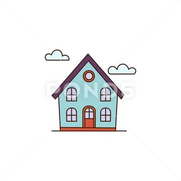 Vector cartoon blue house with clouds on the sky icon. Vector house ...