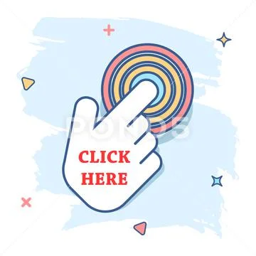 Vector cartoon click here icon in comic style. Hand cursor sign ...