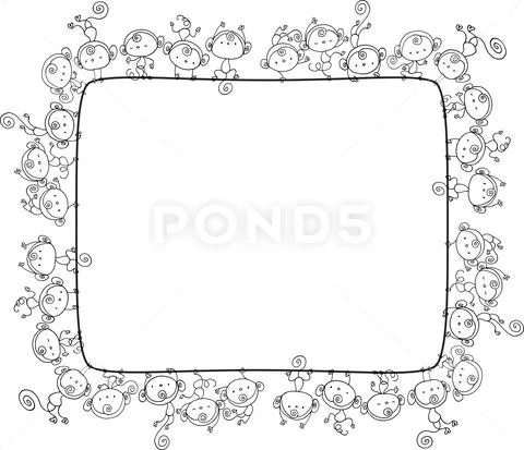 Vector cartoon cute monkey square border frame background Illustration ...