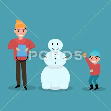 Vector cartoon father son together build snowman: Royalty Free #73181538