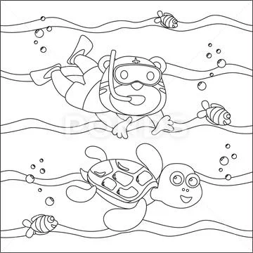 Vector cartoon illustration of little tiger and turtle, with cartoon ...