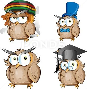 Vector cartoon illustration of owl character set: Royalty Free #242168150