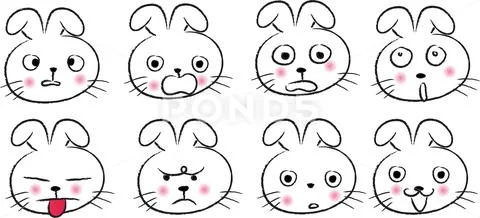 Vector cartoon rabbit face emoji set: Graphic #147853969
