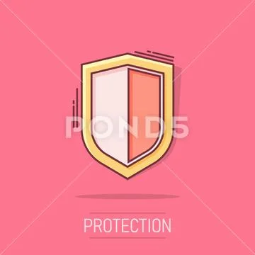 Vector cartoon shield protect icon in comic style. Defence sign ...