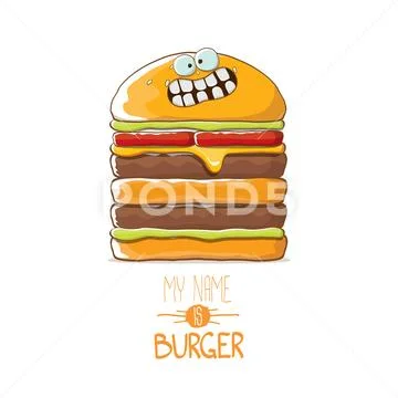 Vector cartoon smiling big burger character with cheese, meat and salad ...