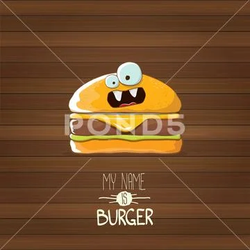 Vector cartoon tiny burger character with cheese, meat and salad icon ...