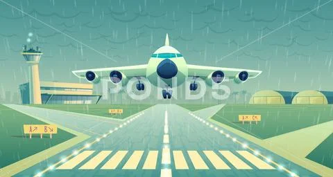 Vector cartoon white airliner, jet over runway: Royalty Free #94991366