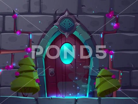 Vector cartoon wooden magic door, mystery portal: Royalty Free #151329826