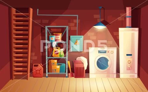 Vector cellar interior, cartoon laundry in basement ~ Clip Art #88410663