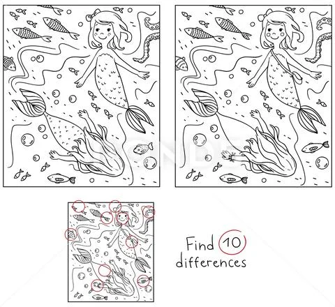 Vector children contour picture find the differences and coloring book ...