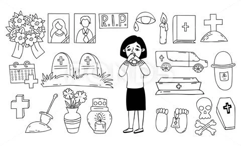 Vector doodles symbols death and funeral. unhappy woman, grave, cross ...