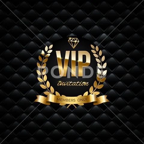 Vector golden ribbon, laurel wreath and VIP invitation text on black ...