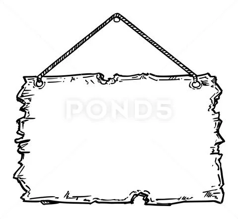 Vector Hand Drawn Empty Old Wooden Business Sign Hanging in rope, Rough ...