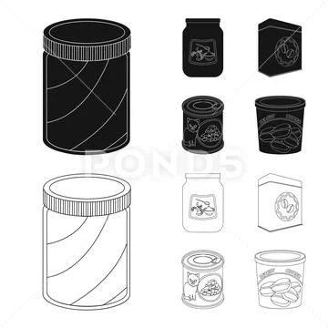 Vector illustration of can and food symbol. Set of can and package ...