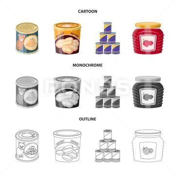 Vector illustration of can and food symbol. Set of can and package ...