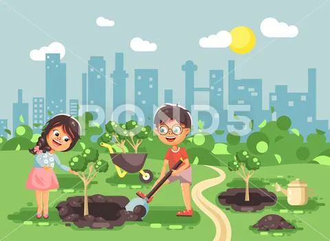 Vector illustration cartoon characters of children boy and girl dig ...
