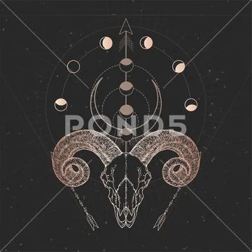 Vector illustration with hand drawn Ram skull and Sacred geometric ...