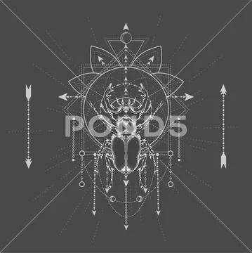 Vector illustration with hand drawn Stag Beetle and Sacred symbol on ...
