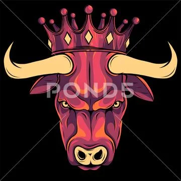 Vector Illustration of a head of a bull with a crown on black ...