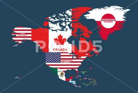 Vector illustration of North America map with country names and flags ...