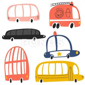 Vector illustration of passenger bus, engine truck, police car, school ...