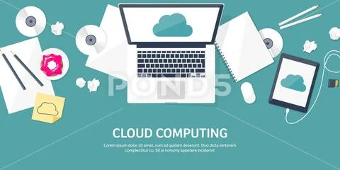 Vector illustration. Workplace table with documents, computer. Flat cloud ~ Clip Art #239072171