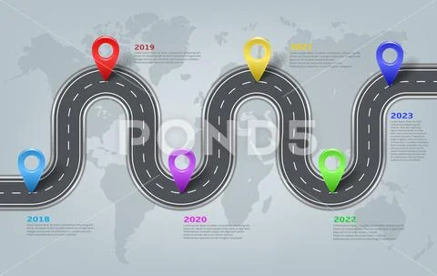 Vector infographic world map, road timeline layout: Graphic #84509273
