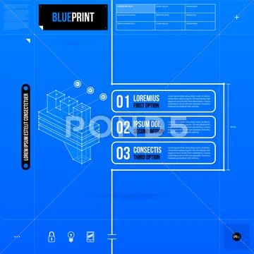 Vector layout with three numbered options and abstract isometric object ...