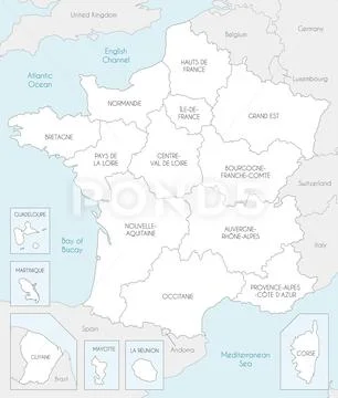 Vector map of France with regions and territories and administrative ...