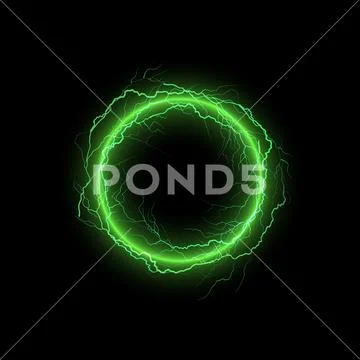 Vector neon green round frame design with bright lightning bolts ...